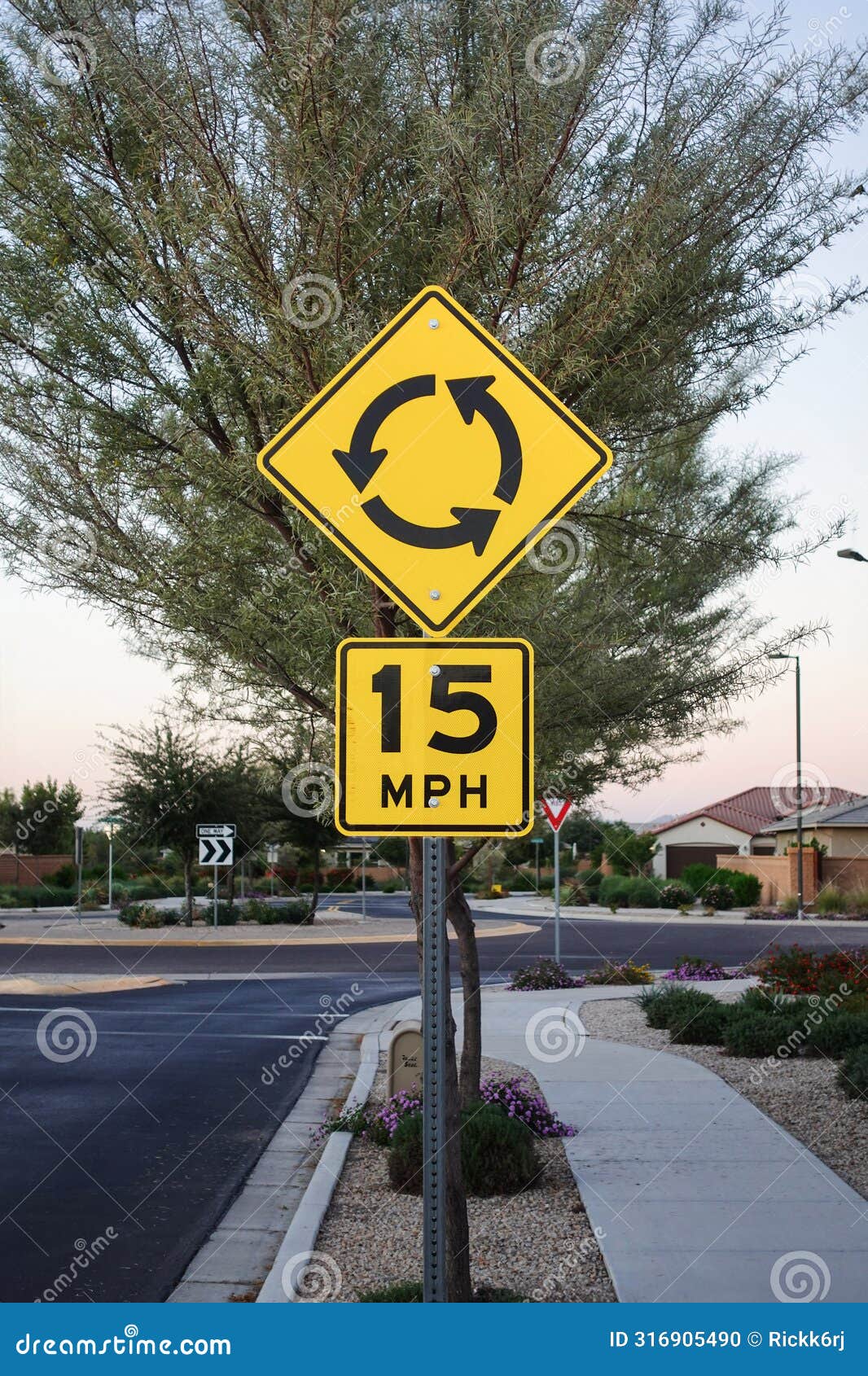 Advisory Sign for Upcoming Traffic Circle or Roundabout Stock Photo ...