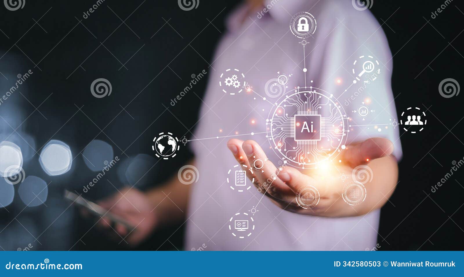 Ai Tech, Businessman Touch on Virtual Graphic Global Internet Connect ...