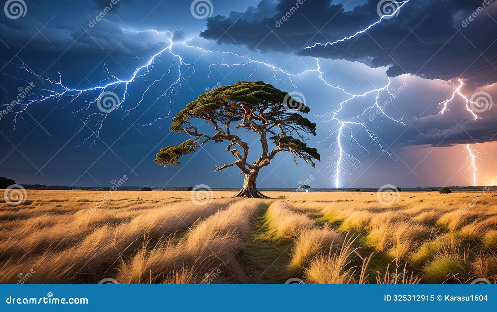 Alone Tree Standing Tall in a Field while Lightning Strikes Nearby ...
