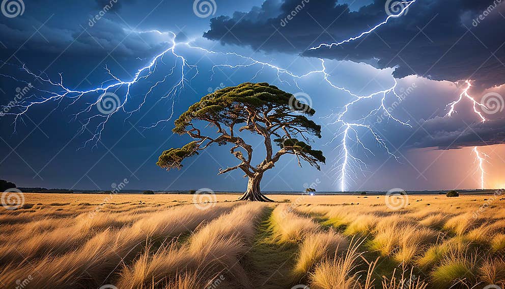 Alone Tree Standing Tall in a Field while Lightning Strikes Nearby ...