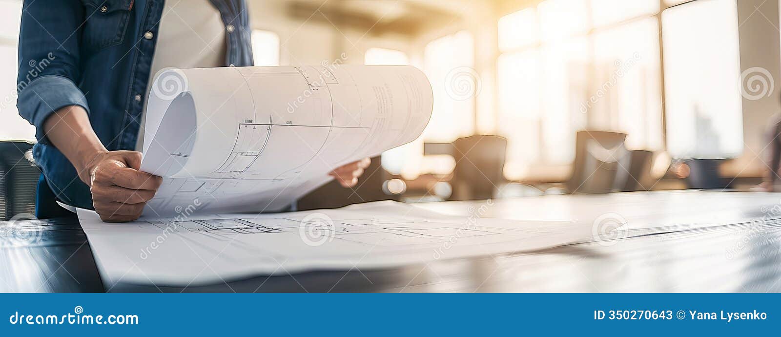 Architect S Hands Holding Large Blueprint on a Table in a Bright Modern ...