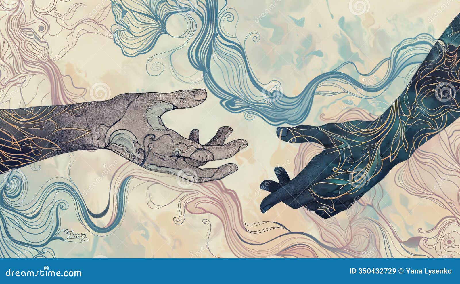 Artistic Illustration of Two Hands Reaching Out Surrounded by Flowing ...