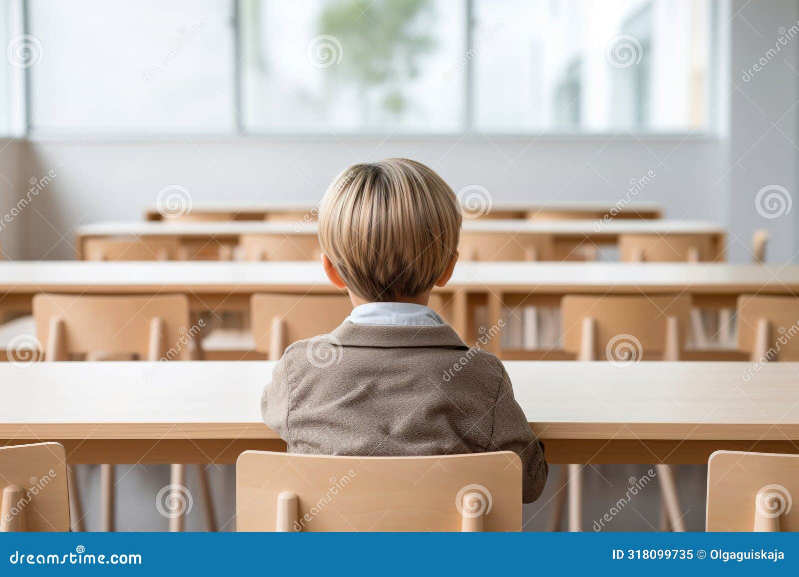 Back View of a Young Student Sitting Alone at a Desk in a Bright ...