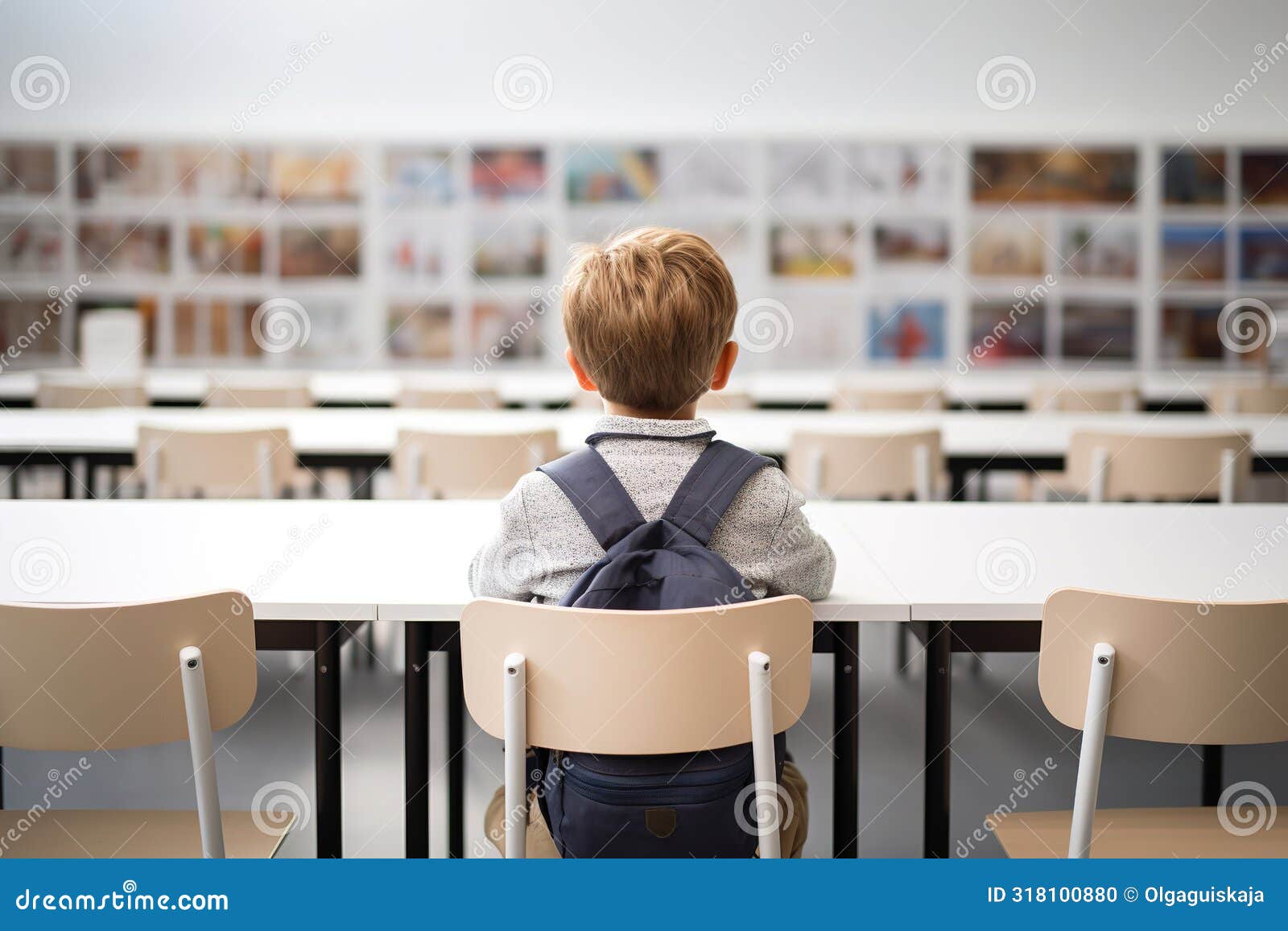 Back View of a Young Student Sitting Alone at a Desk in a Bright ...