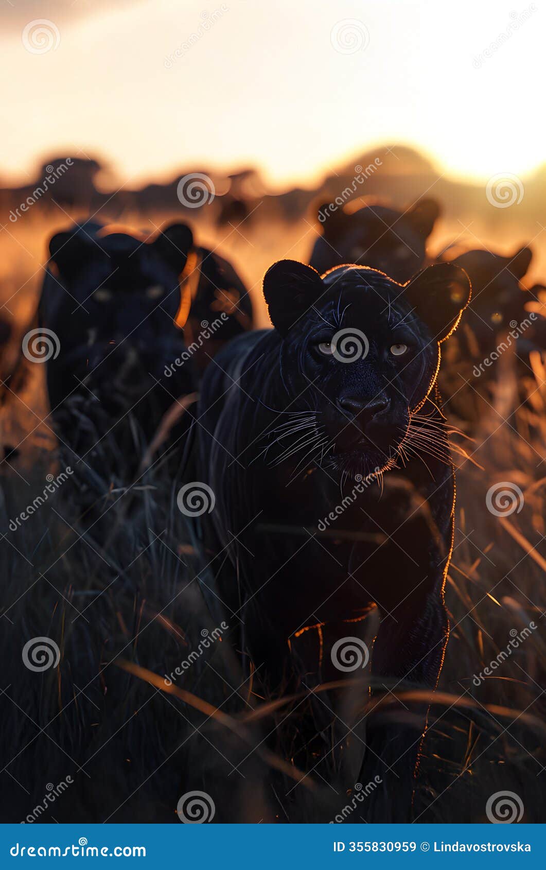 Black Panthers Standing in the Savanna with Setting Sun Shining. Stock ...