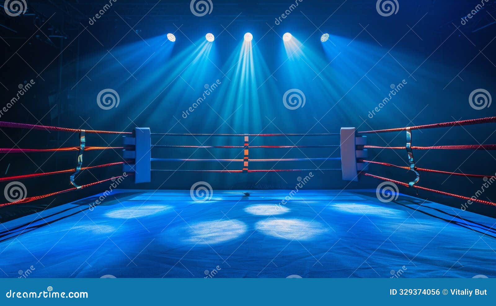 Boxing Ring Stands Empty, Bathed in the Blue Glow of Spotlights, Ready ...