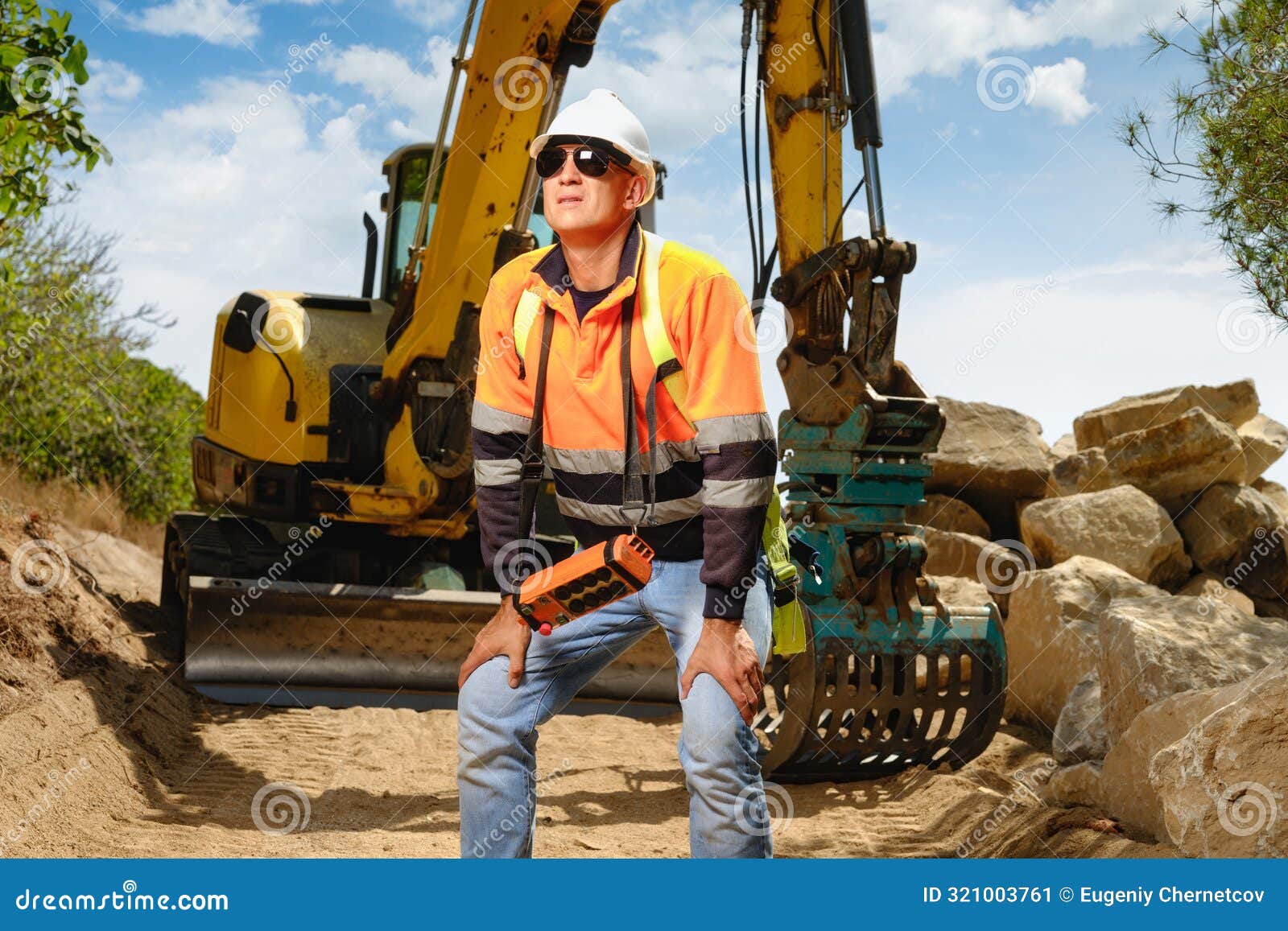 Builder Excavator Stones Helmet Sun Stock Image - Image of worker ...