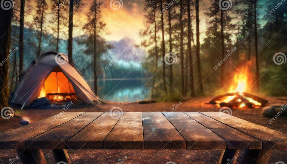 Camping Tabletop with Empty Table - a Scene Featuring a Tabletop with Tents and Mountains on the ...