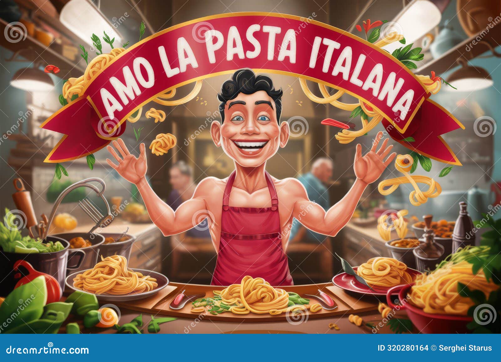 A Cartoon Italian Man is Standing in Front of a Table Full of Food ...