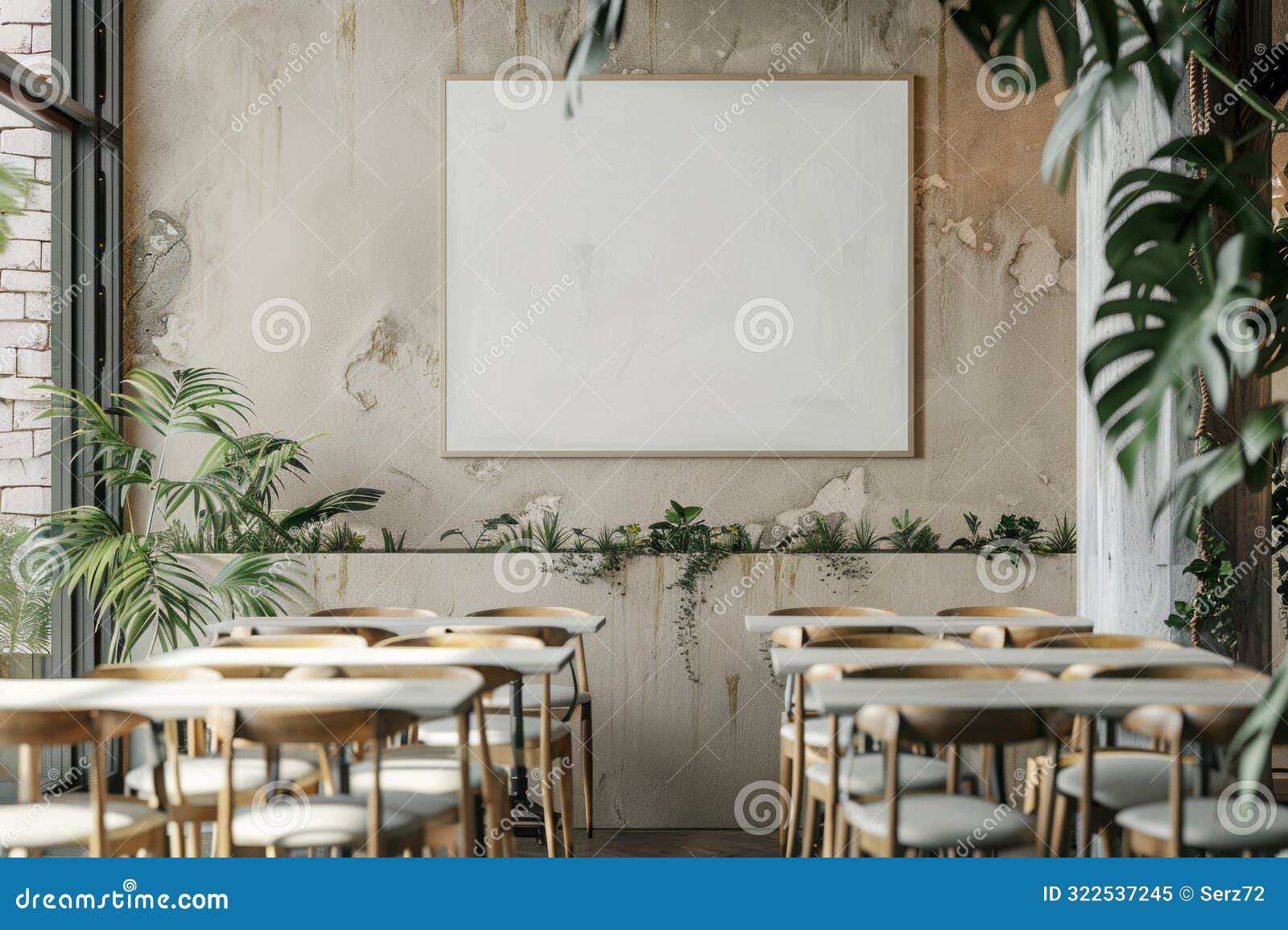 In a Chic, Modern Cafe, a Blank Poster Graces the Wall, Adding To the ...