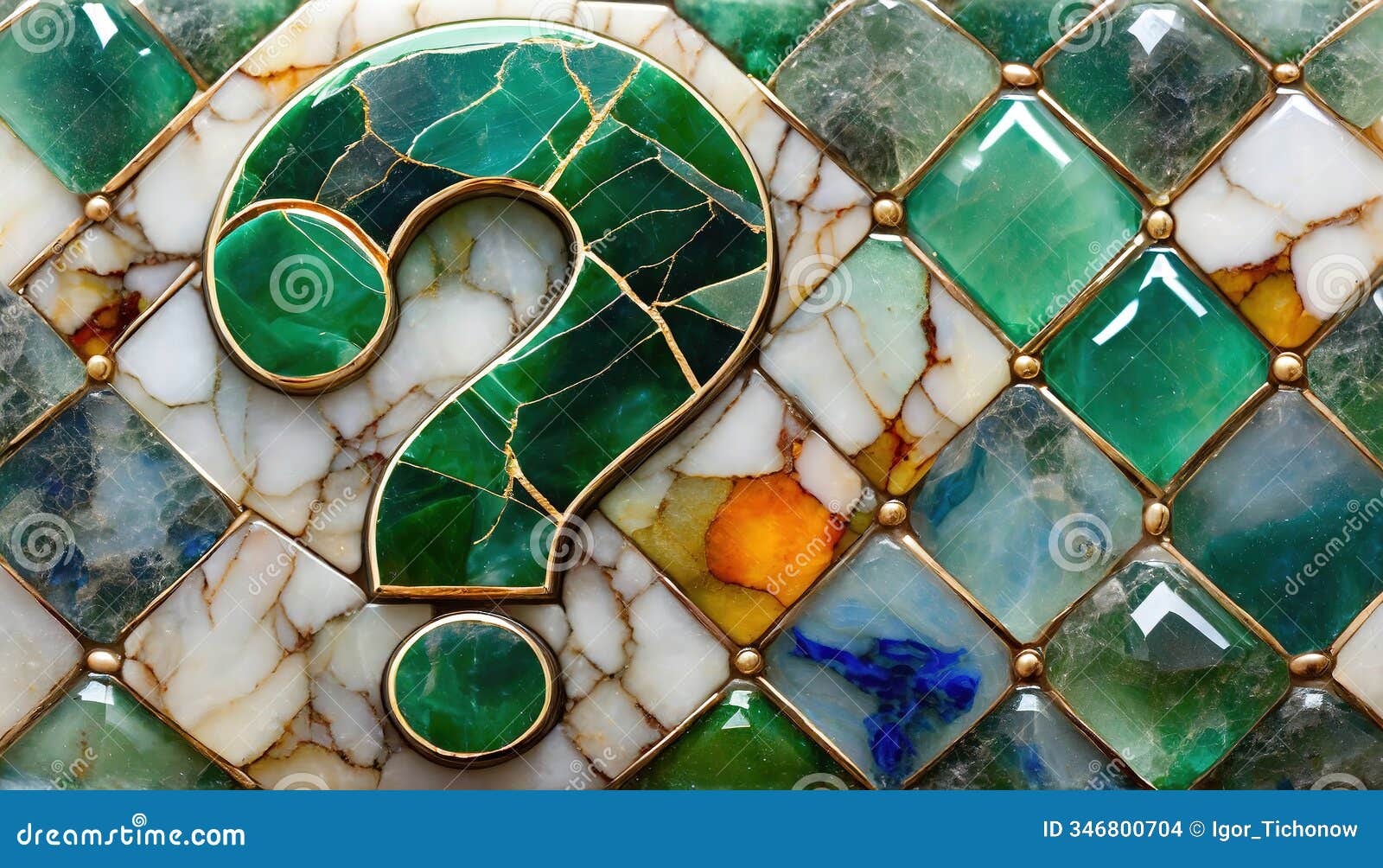 Close-up of an Artistic Green Marble Question Mark Embedded in a Tiled ...