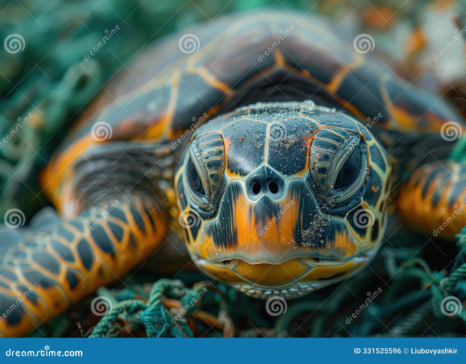Dead Turtle Entangled In Plastic Netting, Washed Ashore. Environmental ...