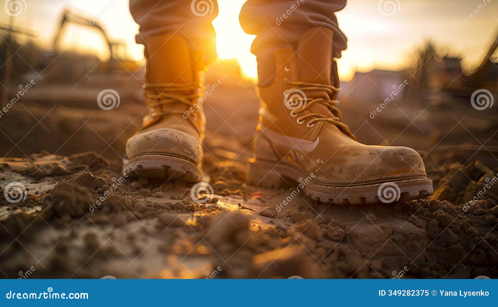 Close-Up of Workers Boots on Construction Site at Sunset. Concept of ...