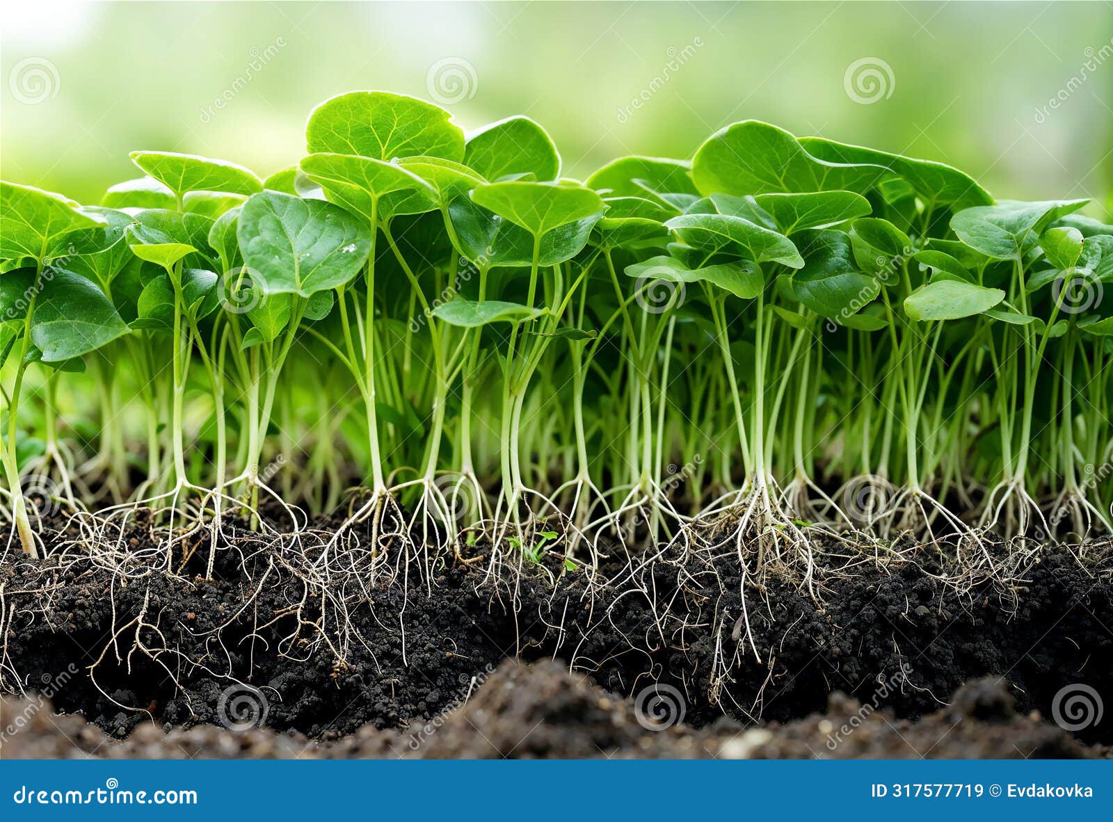 Closeup of Roots and Green Leaves Sprouting from Seedlings in Dark ...
