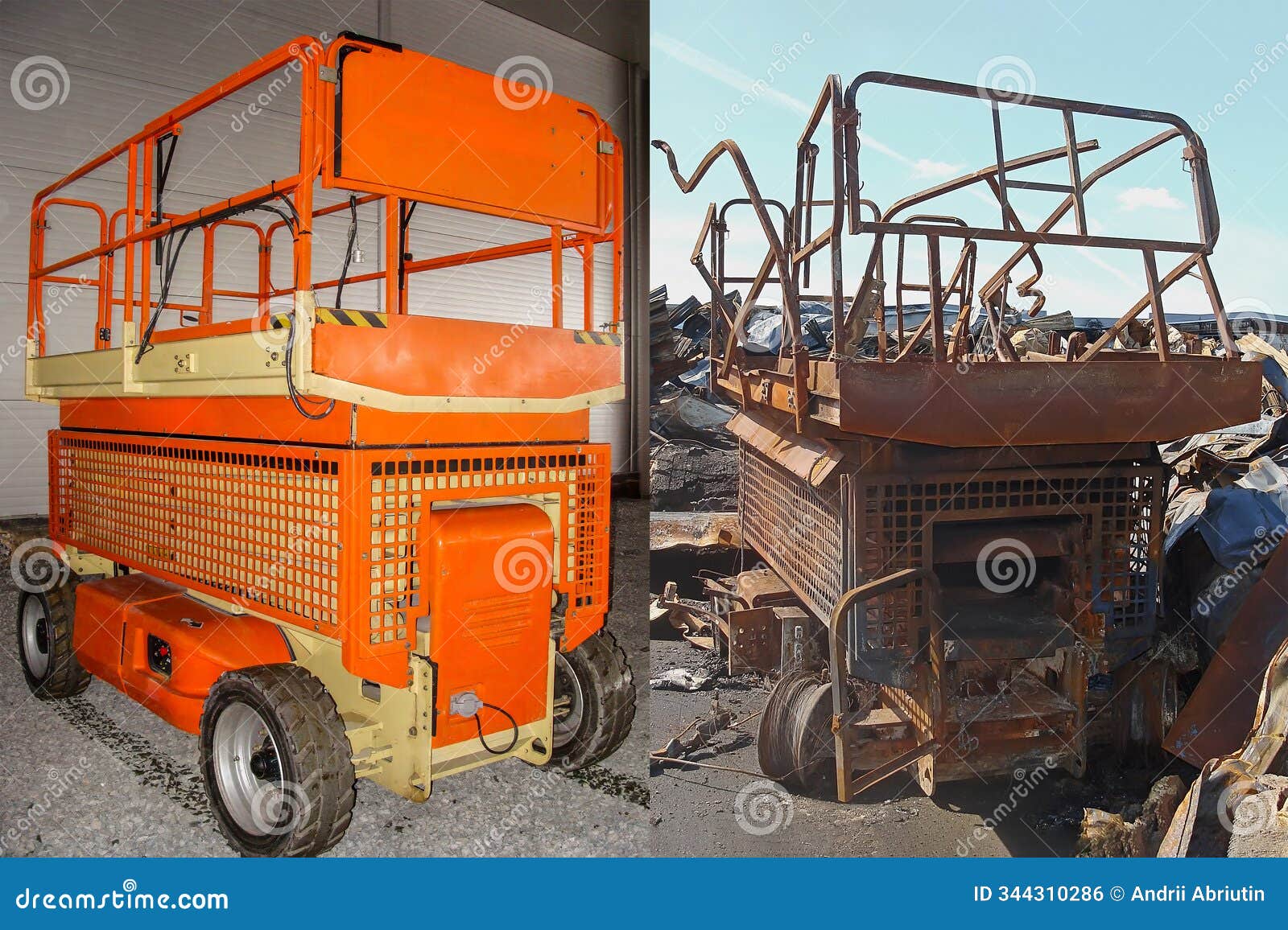 Collage of Scissor Lift before and after Fire Damage on a Construction ...