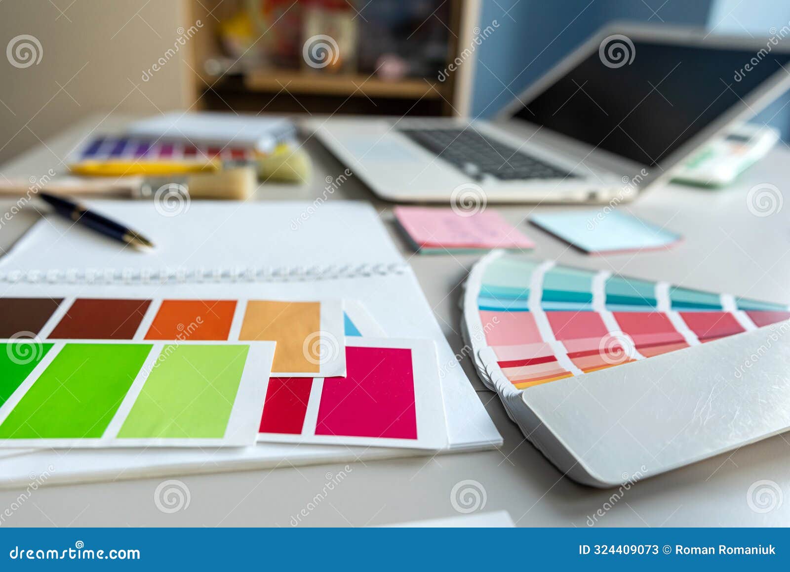 Creative Workplace Color Palette with Notepad, Brush. Modern Graphic ...