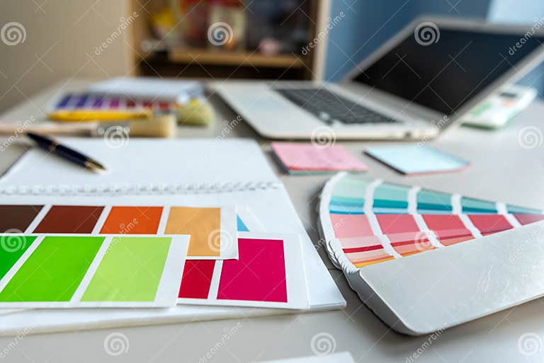 Creative Workplace Color Palette with Notepad, Brush. Modern Graphic ...