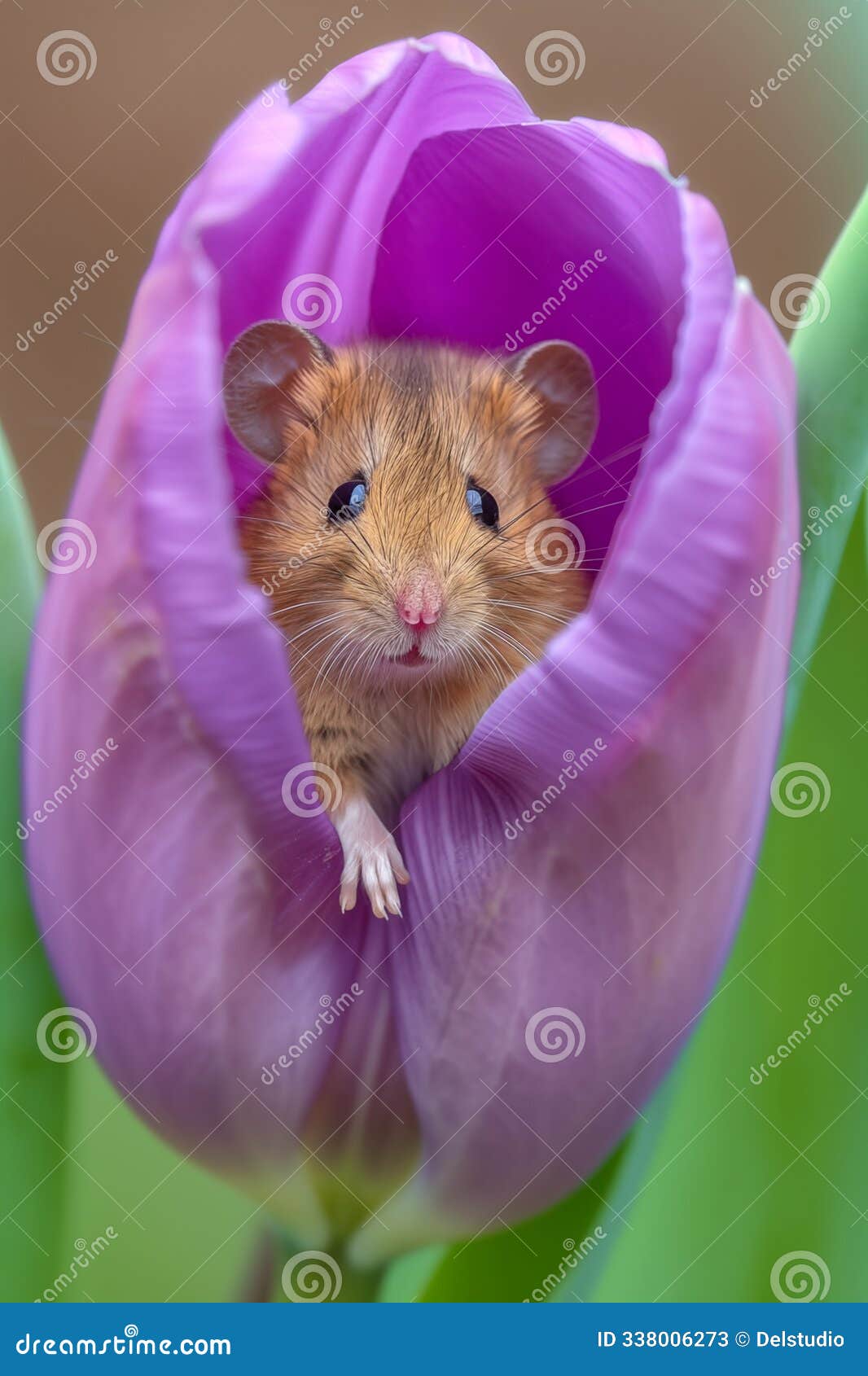 Cute Tiny Havest Mouse Hiding in a Purple Tulip Flower Looking for ...