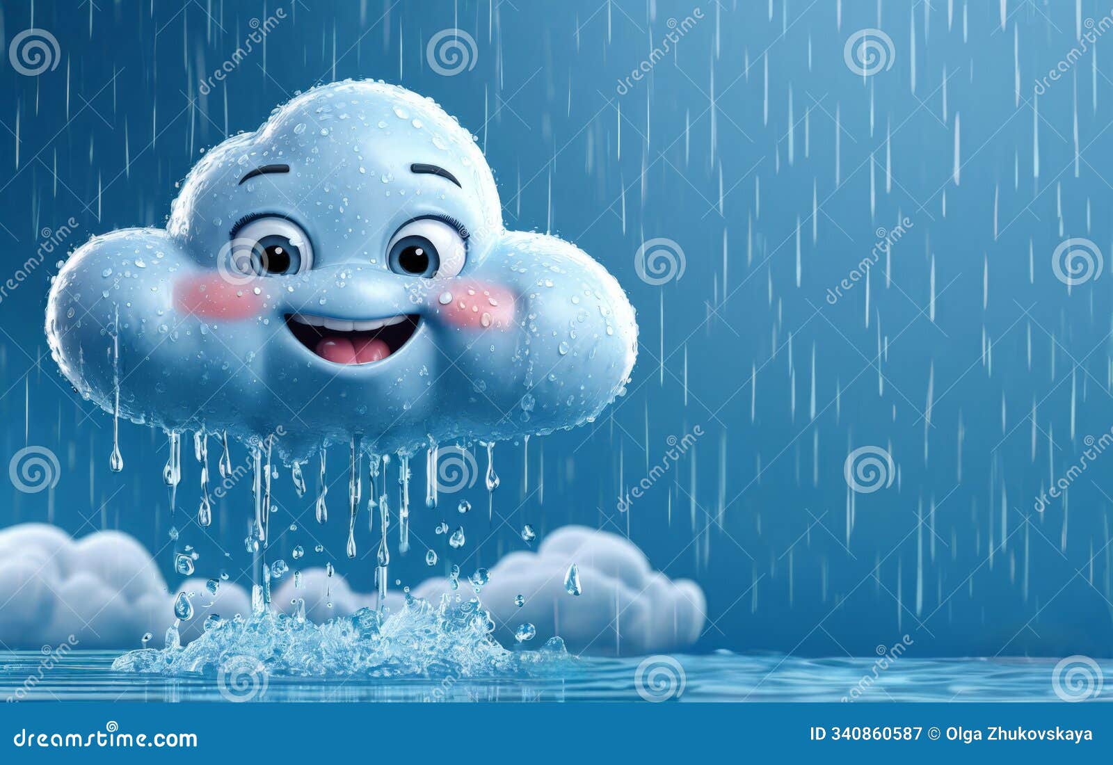 3D Cloud Smiling and Raining on a Blue Background. Stock Illustration ...