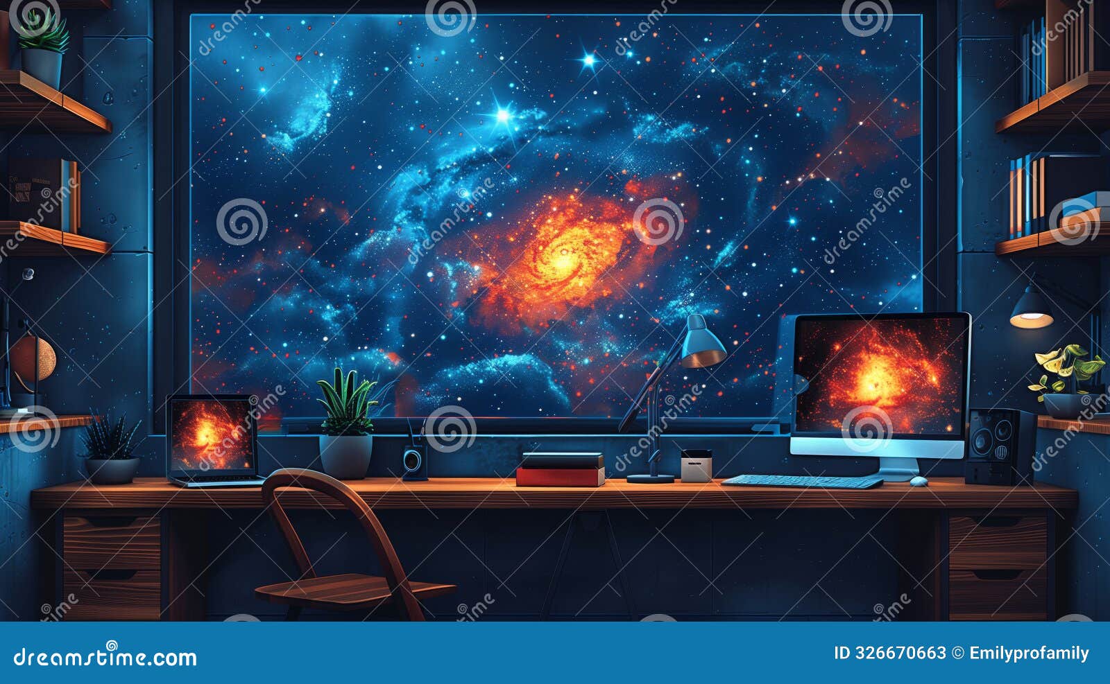 Nighttime Desk with Window View of a Starry Sky Stock Image - Image of ...