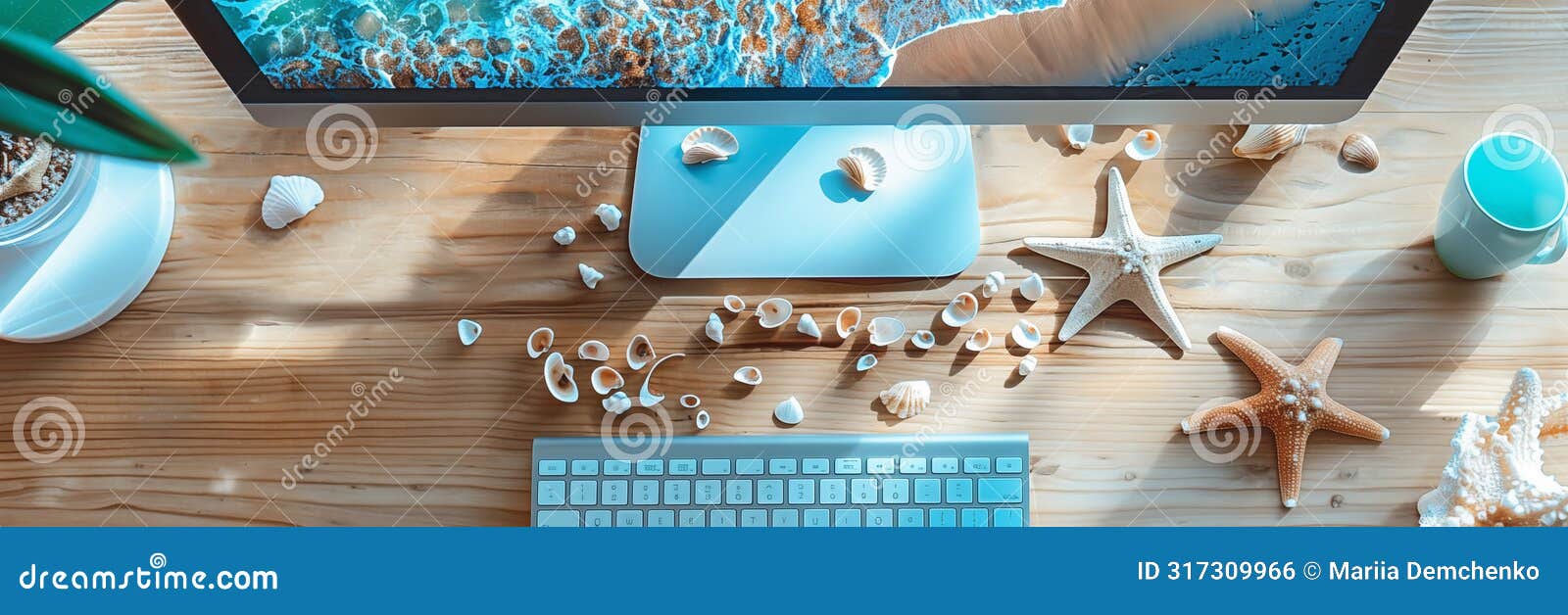 Desktop Computer with Beach-themed Wallpaper Surrounded by Starfish and ...