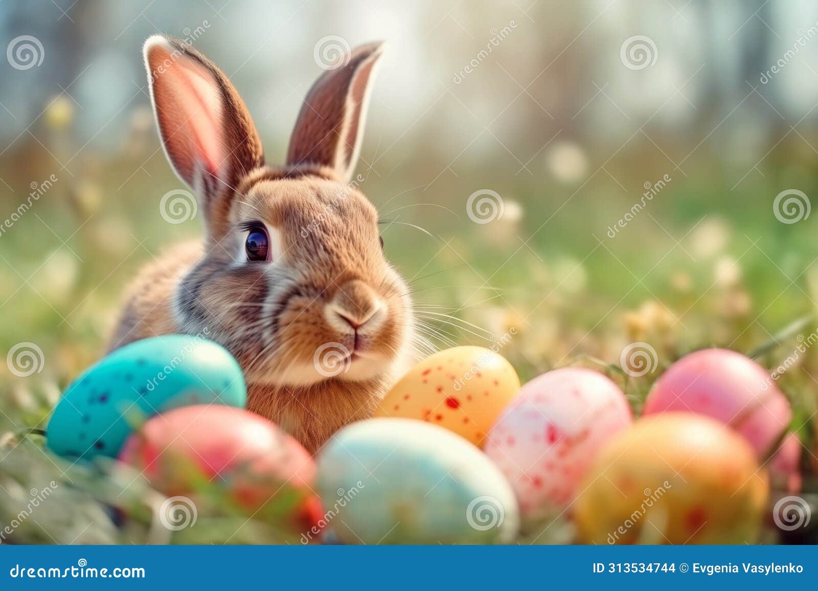 Easter Bunny Sitting Outdoors in the Grass with Easter Eggs Stock Photo ...