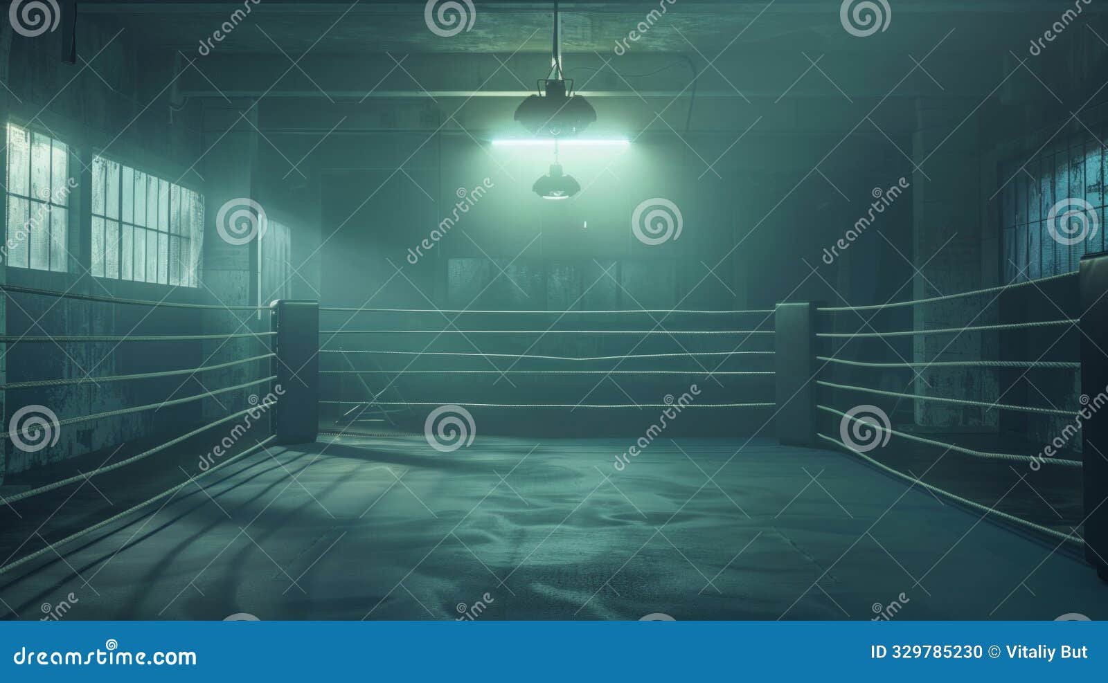 An Empty Boxing Ring Stands Under Dim Lights in a Hazy, Dusty Warehouse ...