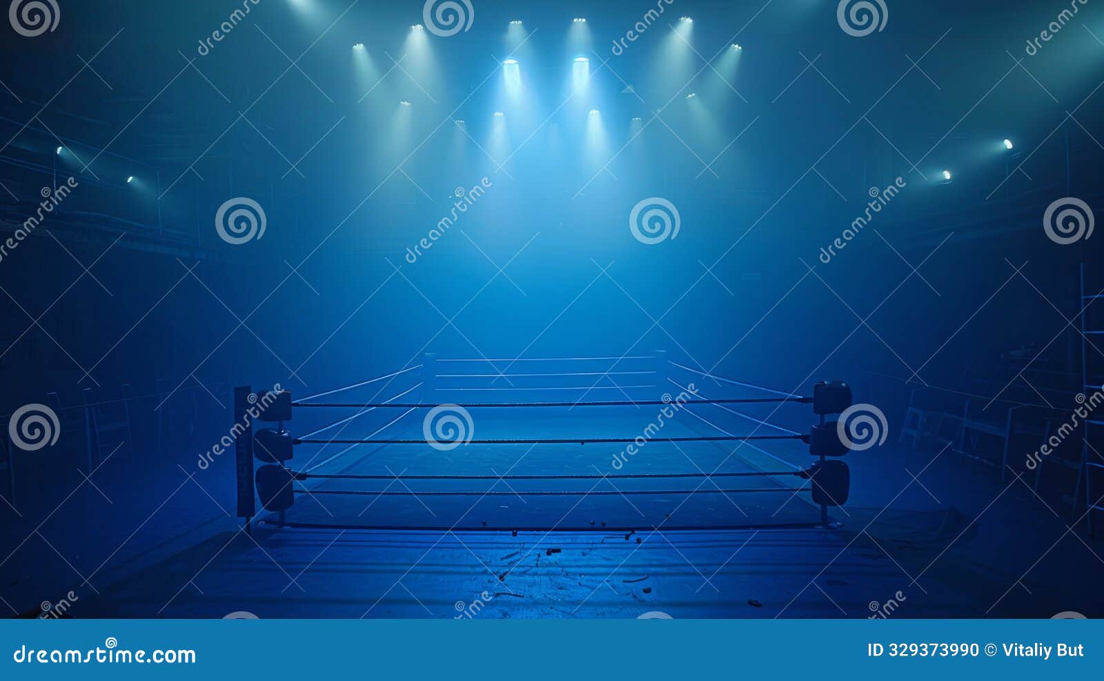 Empty Boxing Ring Stands Under a Dramatic Spotlight, Engulfed in a Blue ...