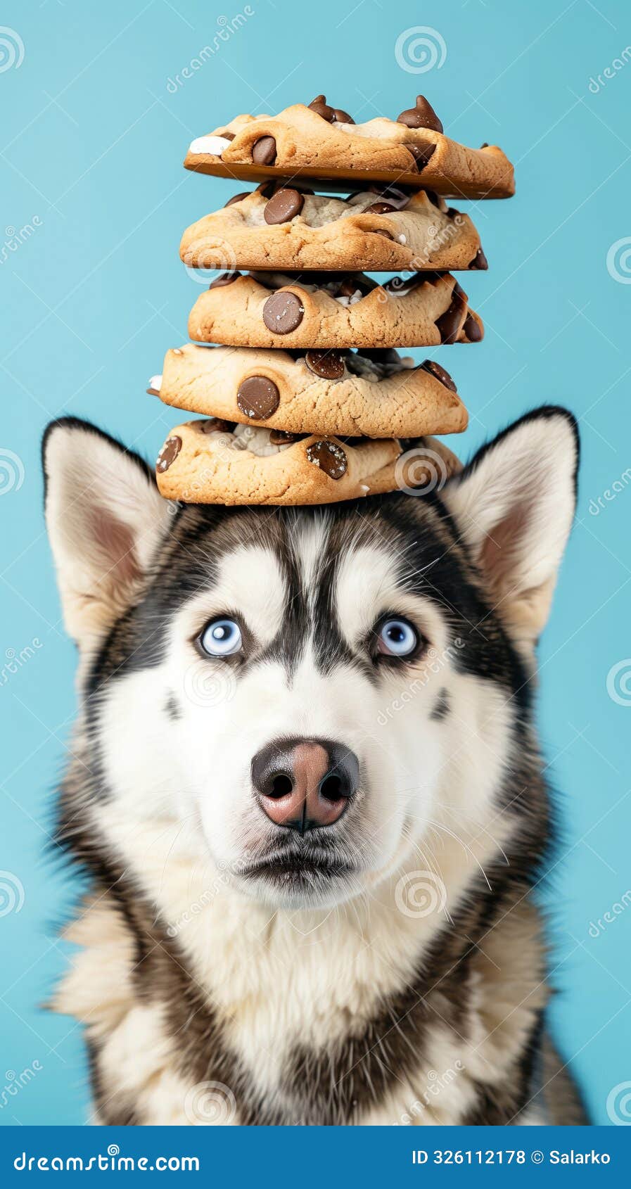 Funny Siberian Husky Balancing a Stack of Cookies on Its Head on a Blue ...