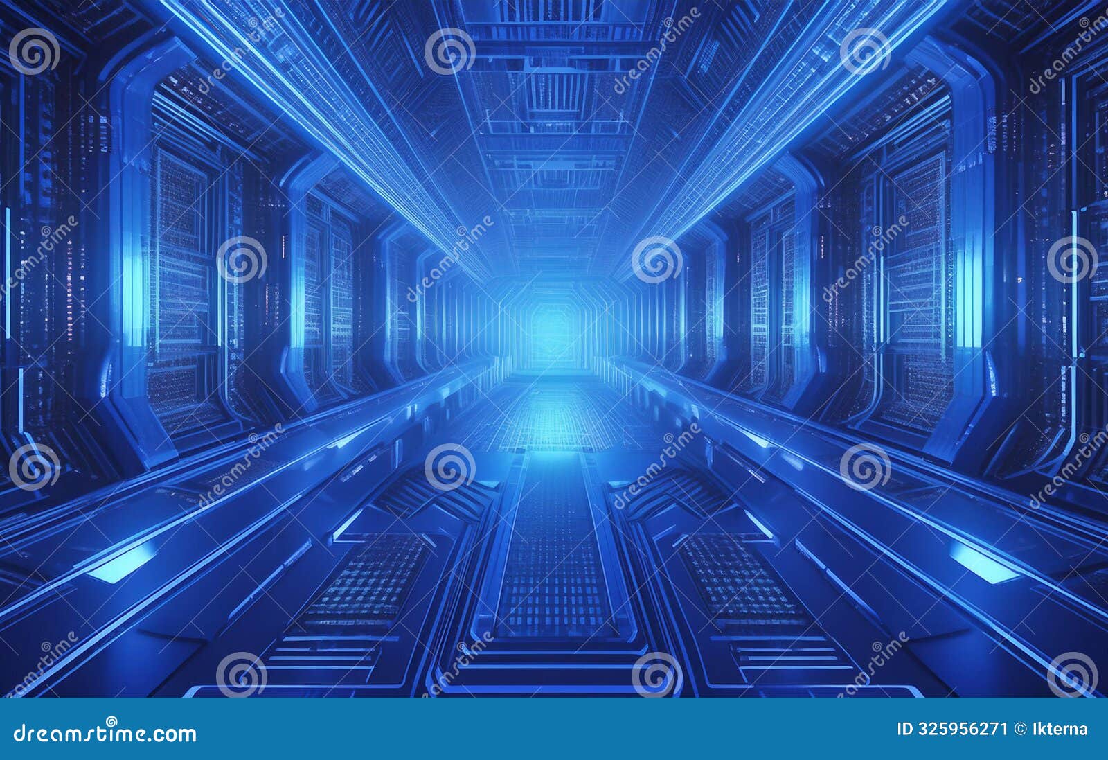 The Futuristic Digital Hallway Has Bright Blue Lights, Creating a ...