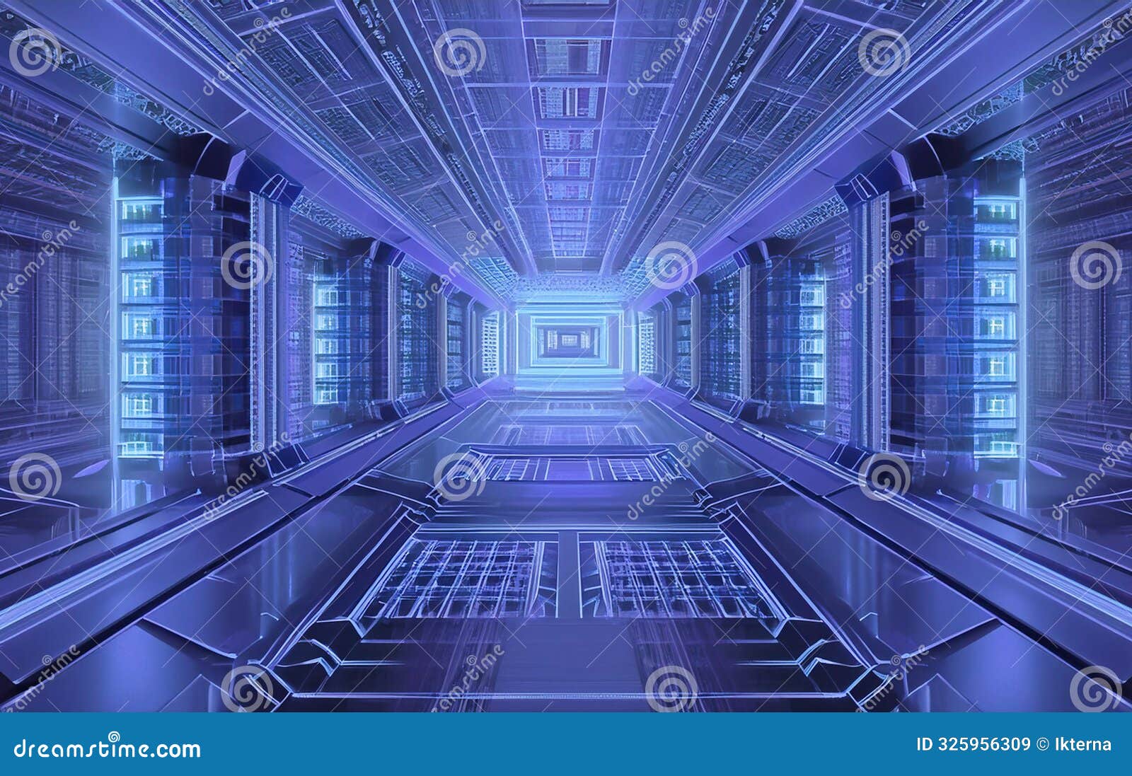 The Futuristic Digital Hallway Has Bright Blue Lights, Creating a ...