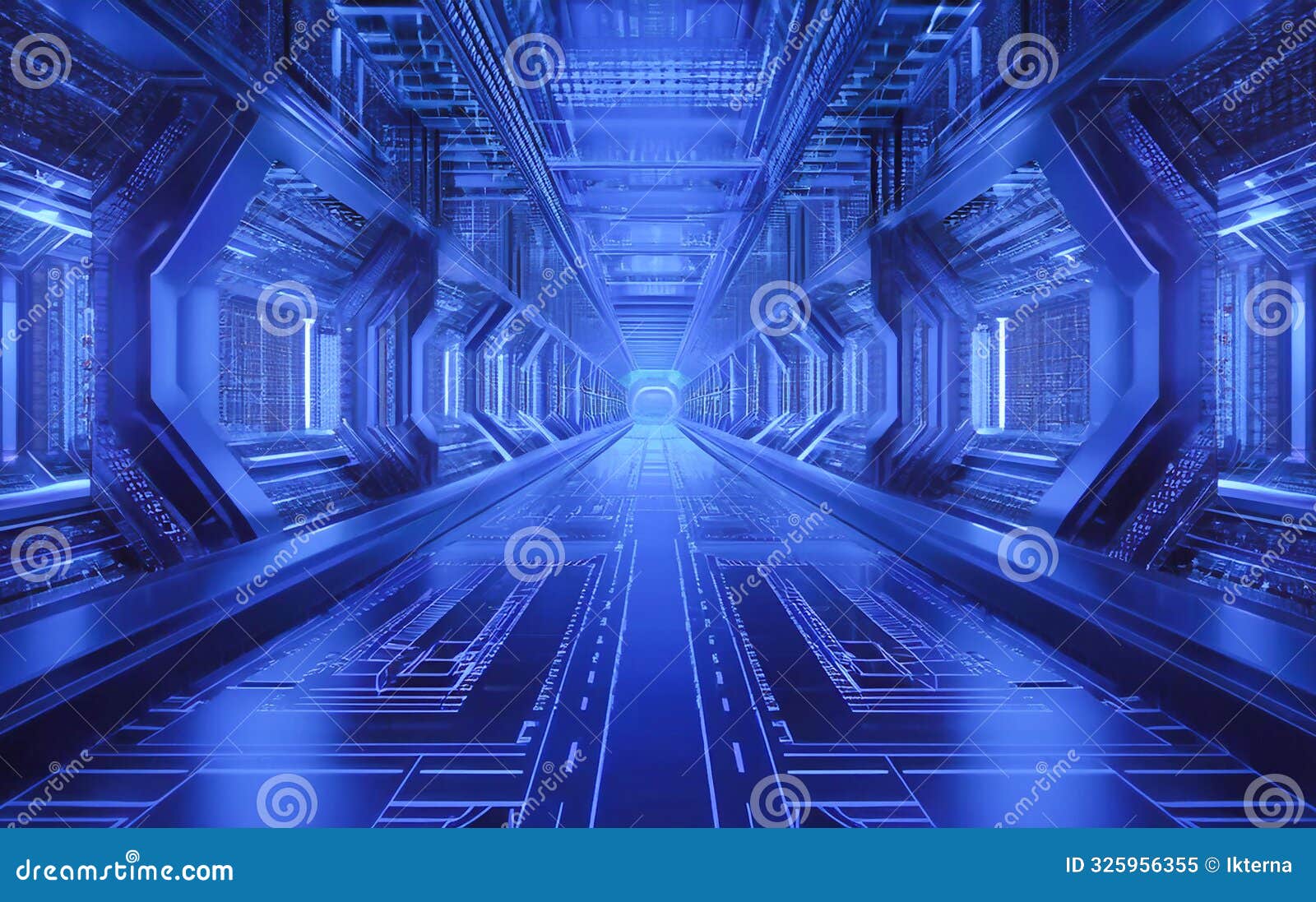 The Futuristic Digital Hallway Has Bright Blue Lights, Creating a ...