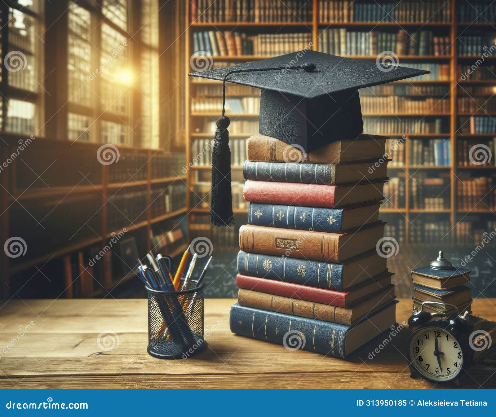 Graduation Cap and Scroll on a Stack of Books Against the Background of ...