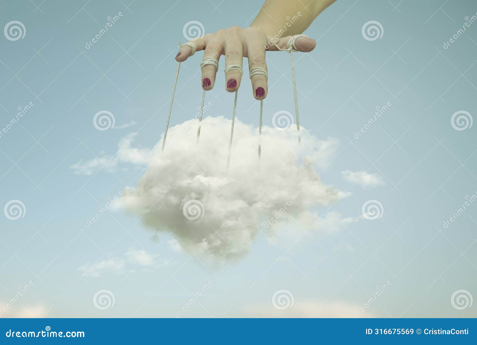 Hand Holding a Cloud Trapped between Threads Transforming it into a ...