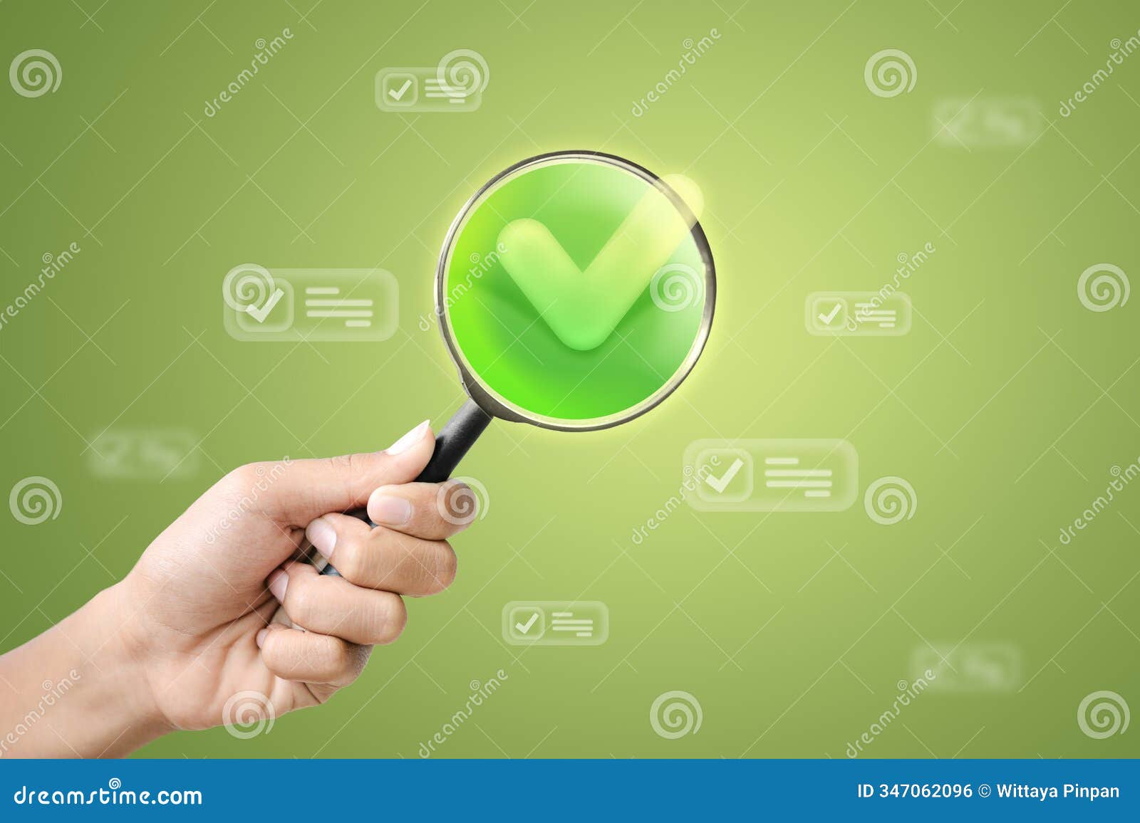 Hand Holding a Magnifying Glass with a Green Checkmark Stock Photo ...