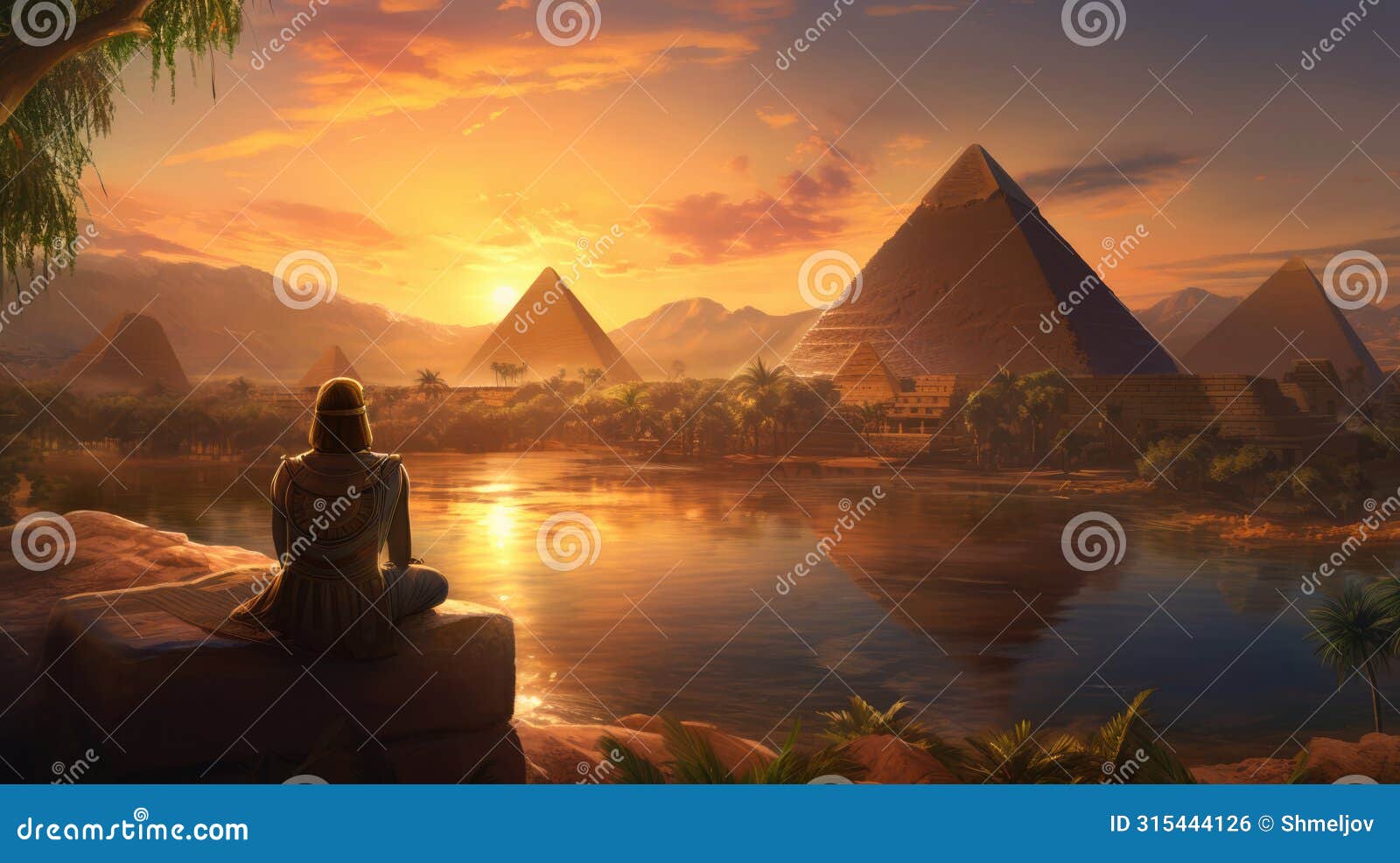 Landscape with Ancient Egyptian Pyramids, Beautiful Sky and Sunset. the ...