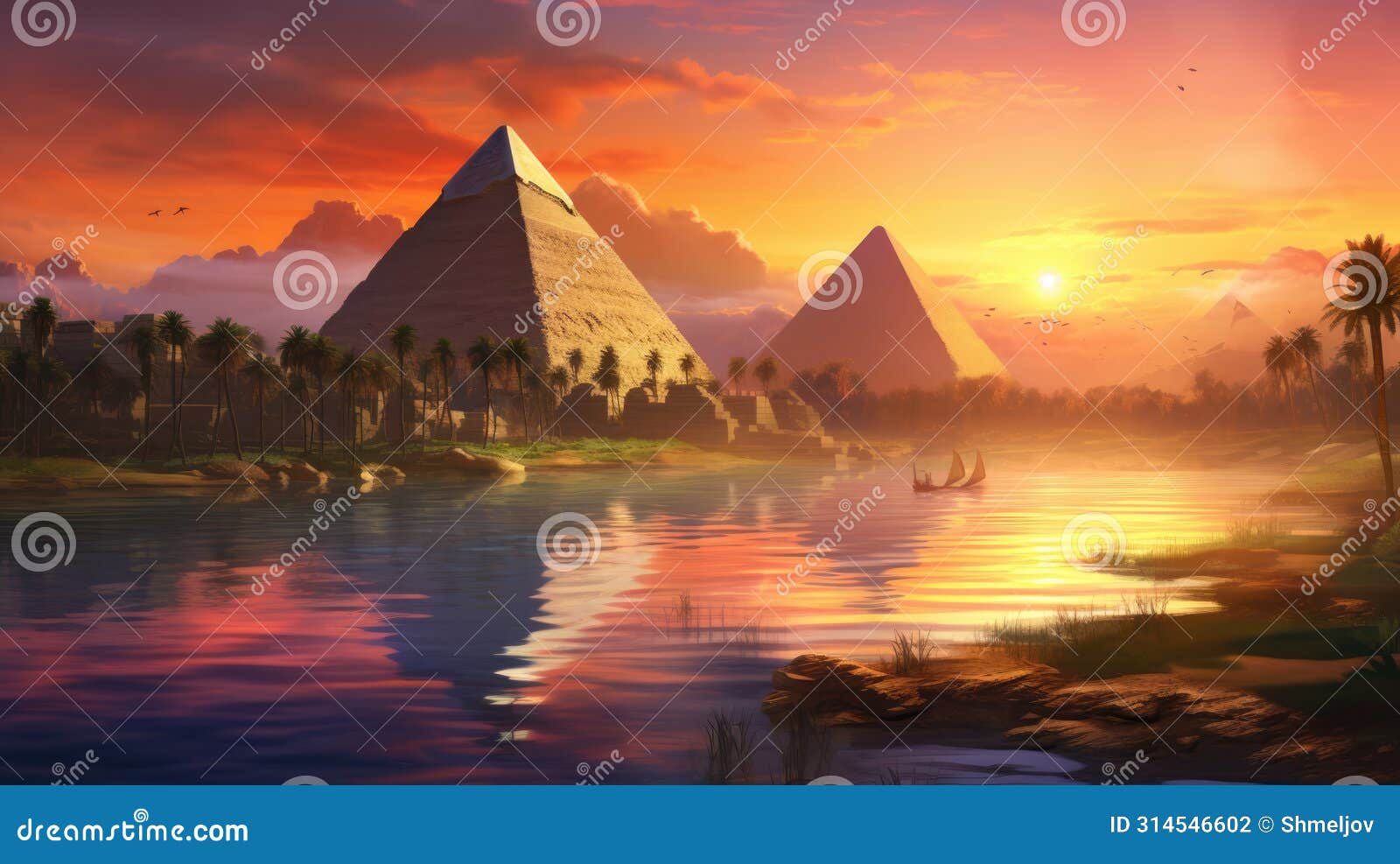Landscape with Ancient Egyptian Pyramids, Beautiful Sky and Sunset. the ...