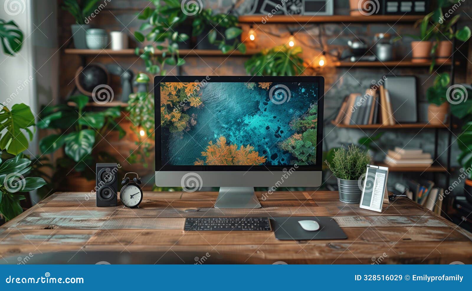 Modern Home Office Desk with Computer and Plants Stock Image - Image of ...
