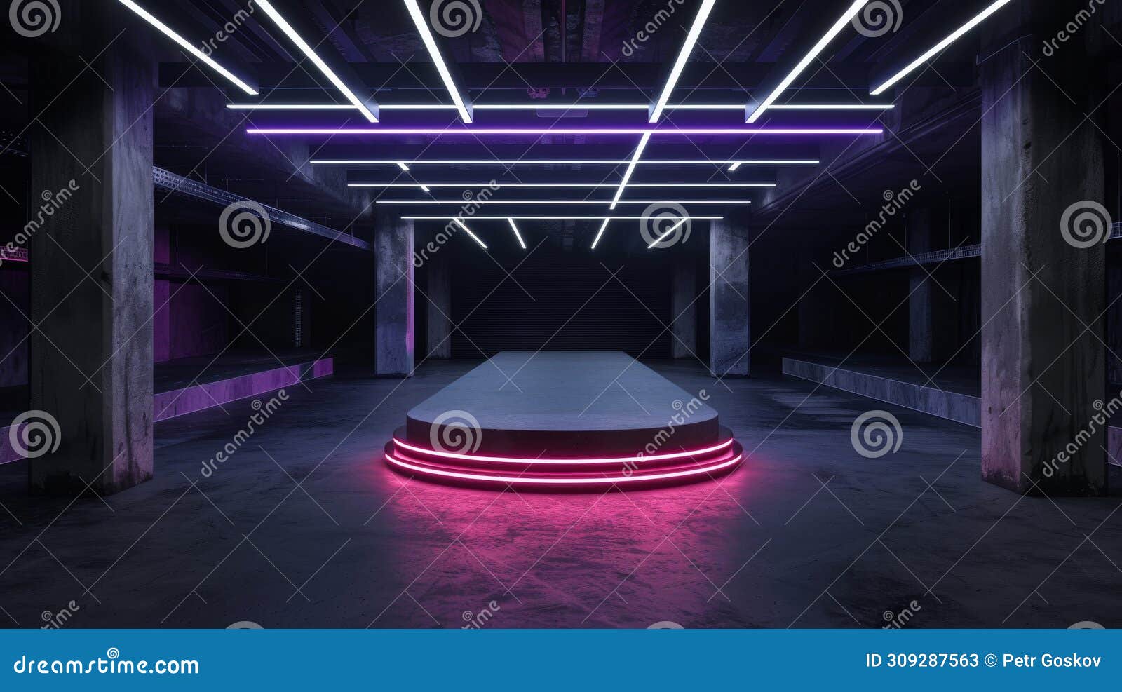 Neon-Lit Underground Stage with Geometric Ceiling Stock Image - Image ...