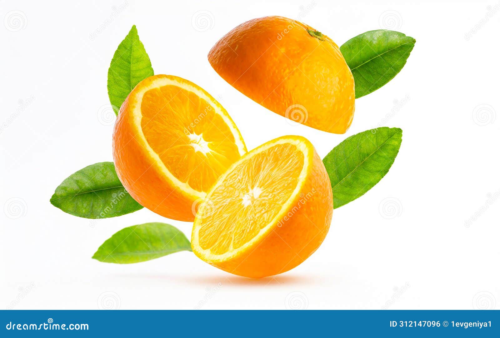 Oranges with Half Slices Orange Falling or Flying in the Air with Green ...