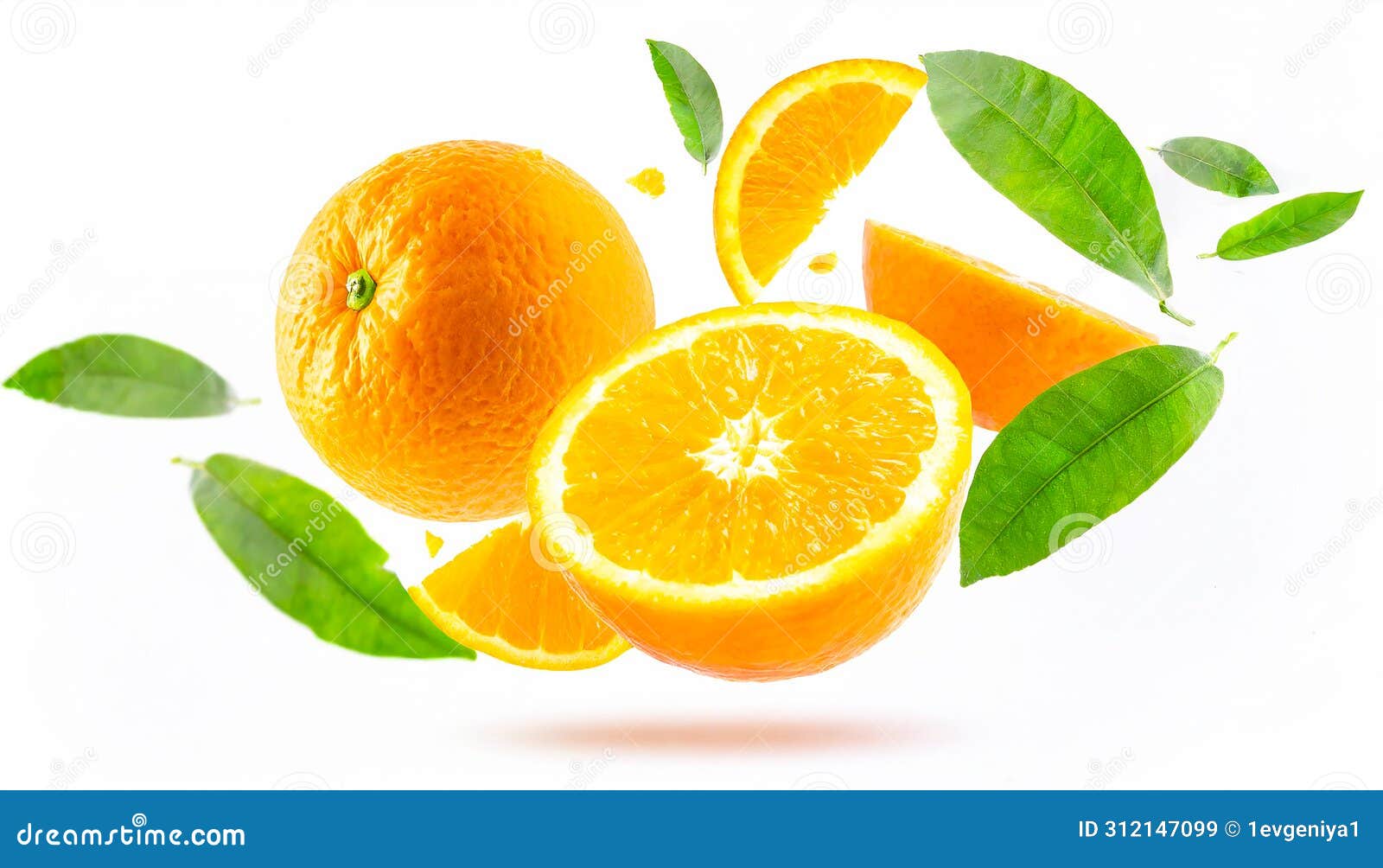 Oranges with Half Slices Orange Falling or Flying in the Air with Green ...