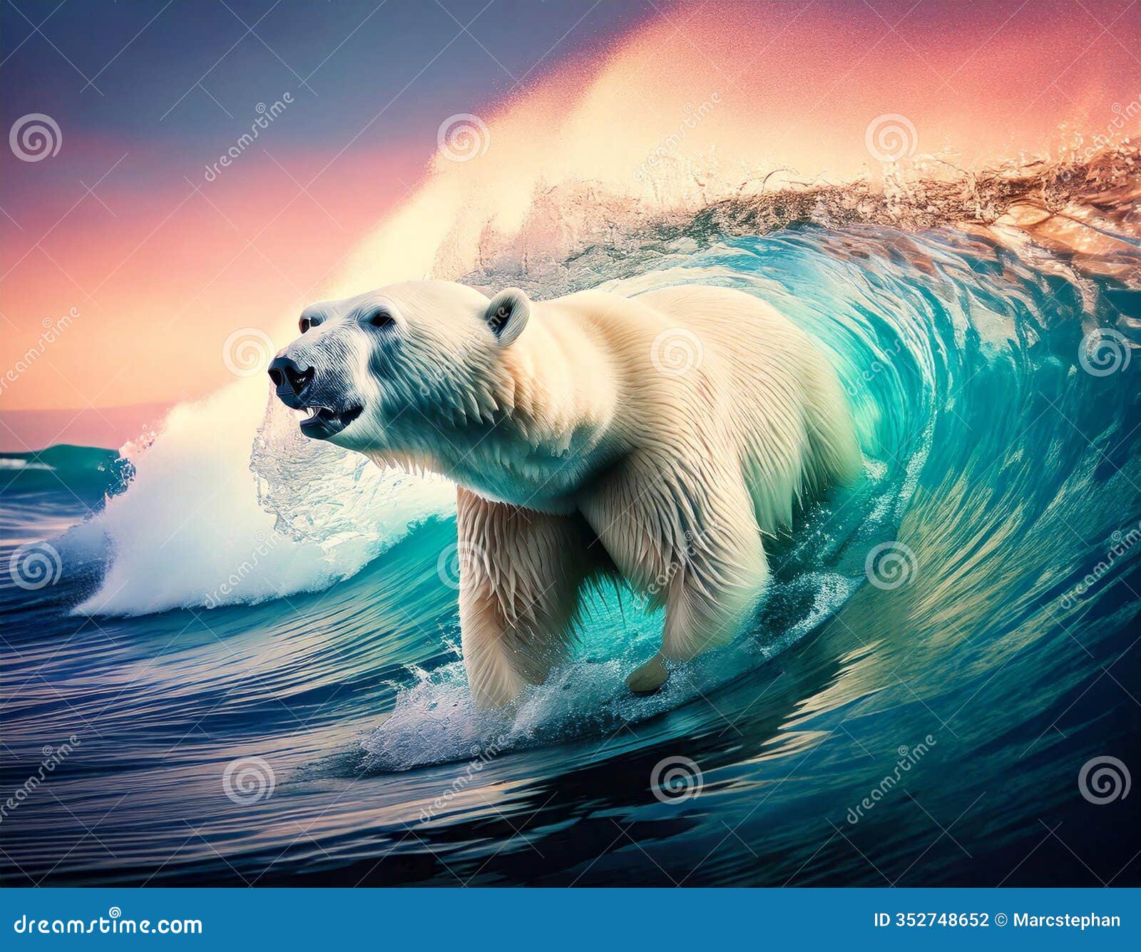 A Polar Bear is Standing in the Ocean Surrounded by a Big Wave ...