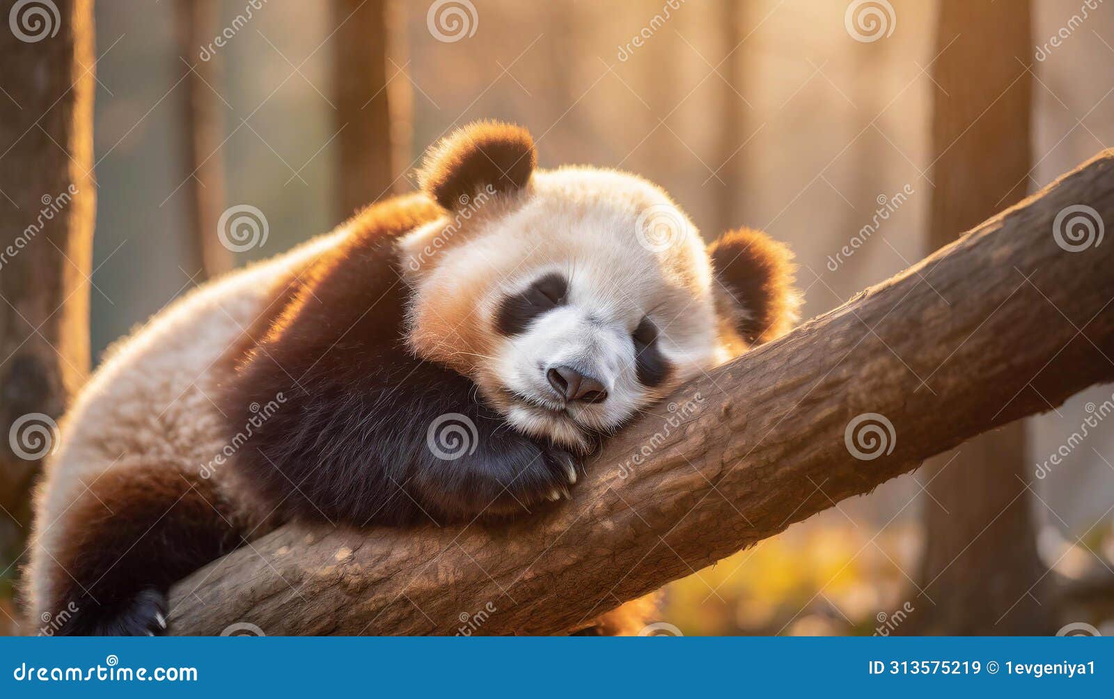 Portrait of a Cute Panda Sleeping on a Tree Branch in the Forest with ...