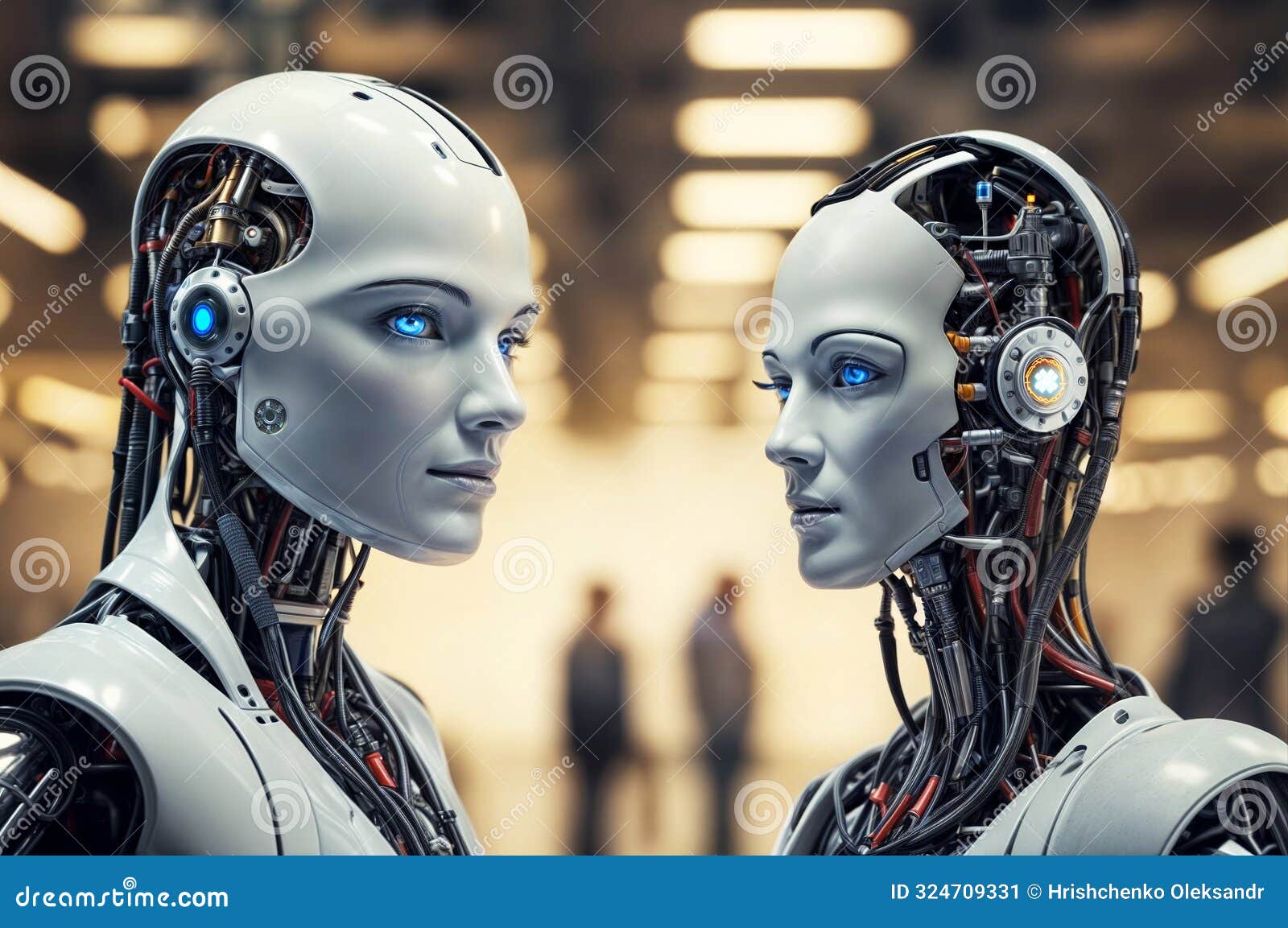 Generated Image. a Portrait of Two Humanoid Robots are Standing Inside ...