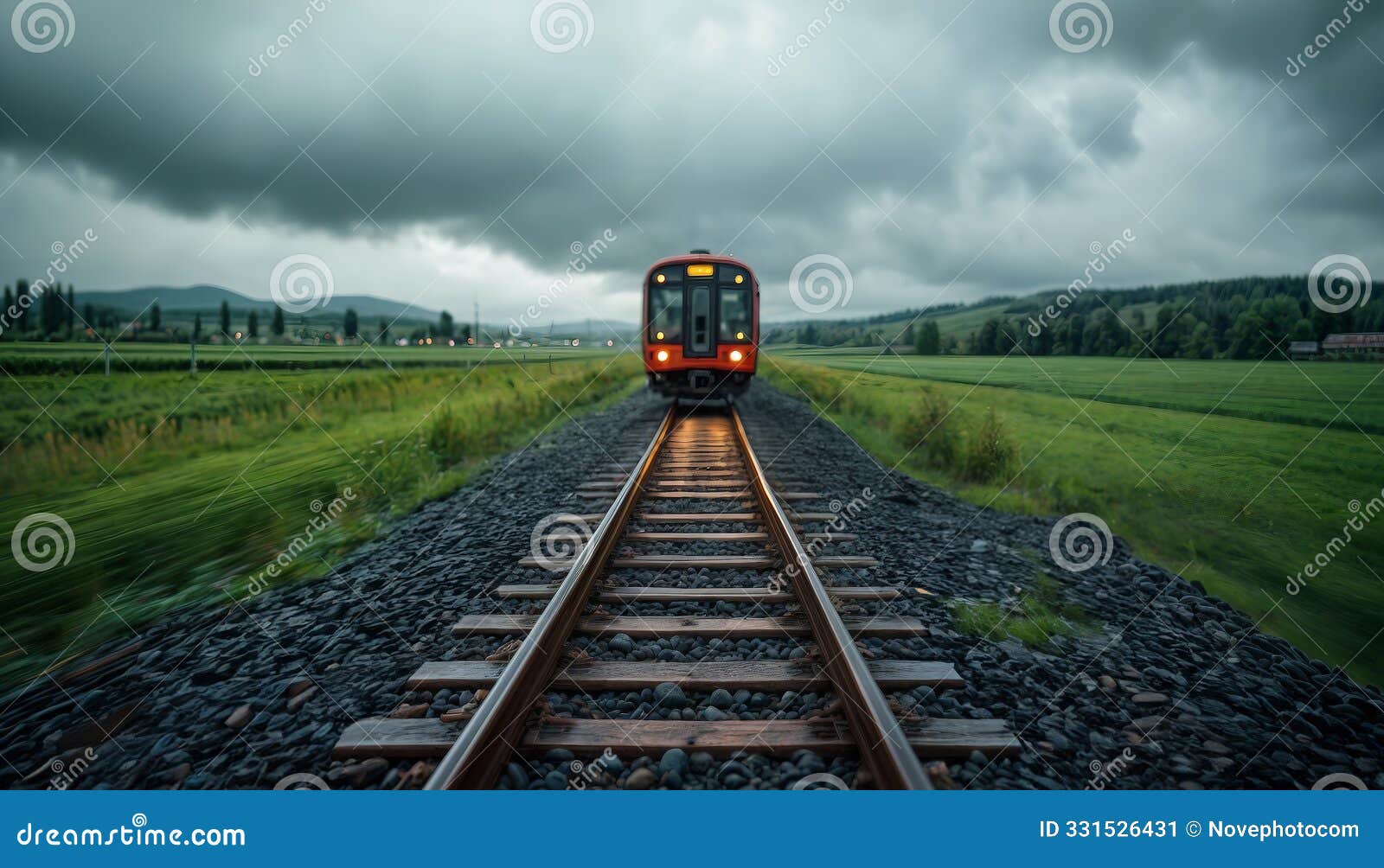 Railway. Front View of a Moving Train during Rainy Weather Stock ...