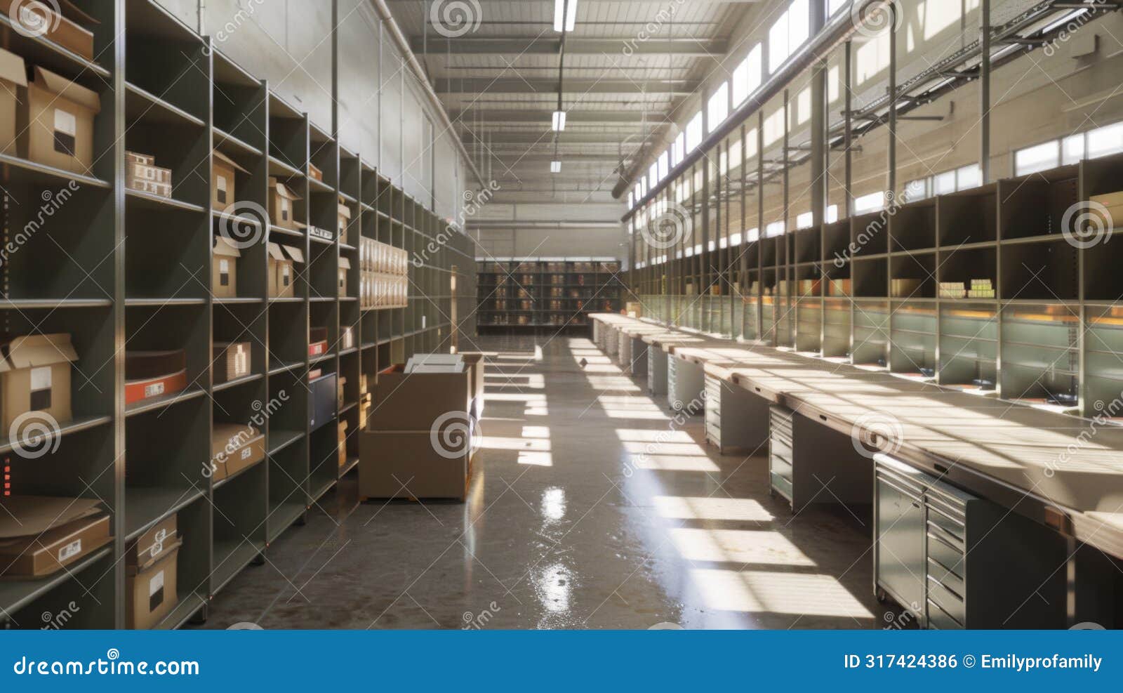 Sunlit Warehouse Interior with Shelves and Boxes Stock Photo - Image of ...