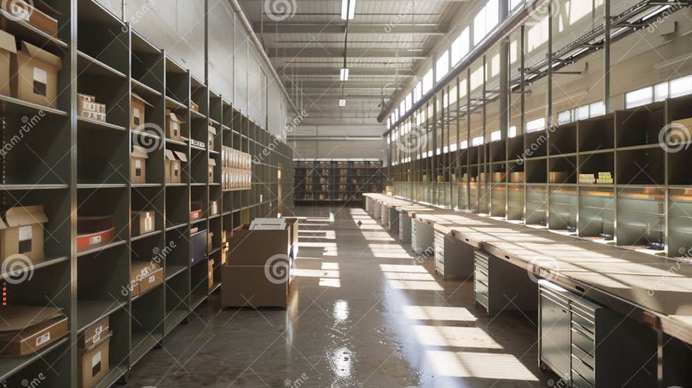Sunlit Warehouse Interior with Shelves and Boxes Stock Photo - Image of ...