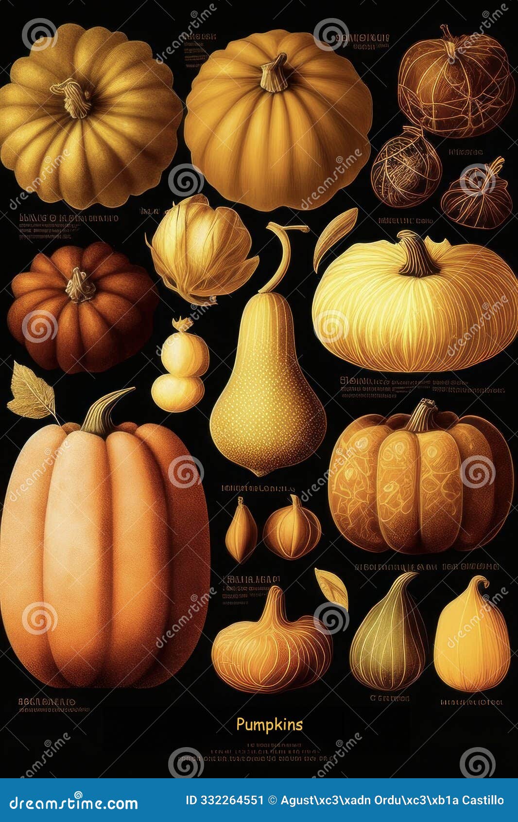 Vintage Botanical Poster of Various Squash Varieties Stock Image ...