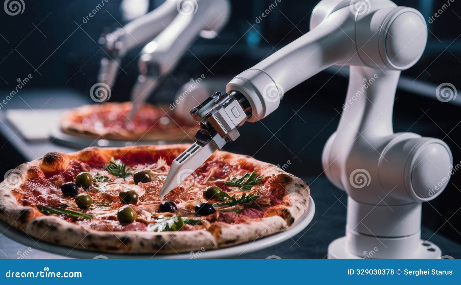 A Robot Arm Is Cutting A Pizza With Toppings On It, AI Stock Image ...