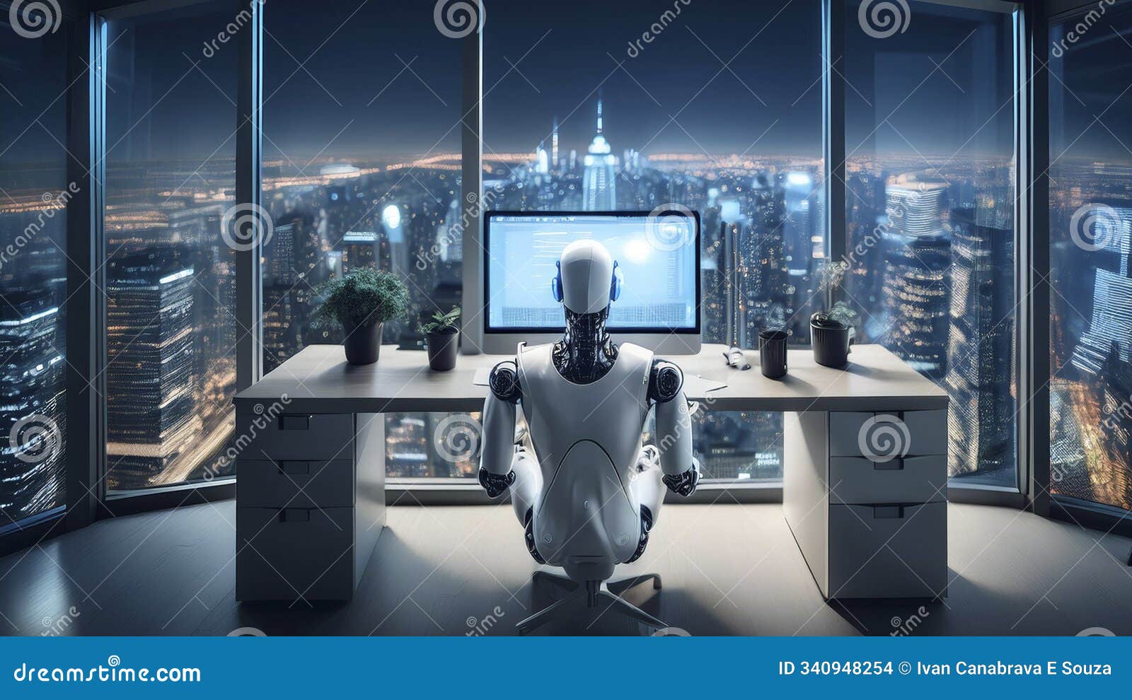 Generated Image Robot Working at Desk in Office Stock Illustration ...